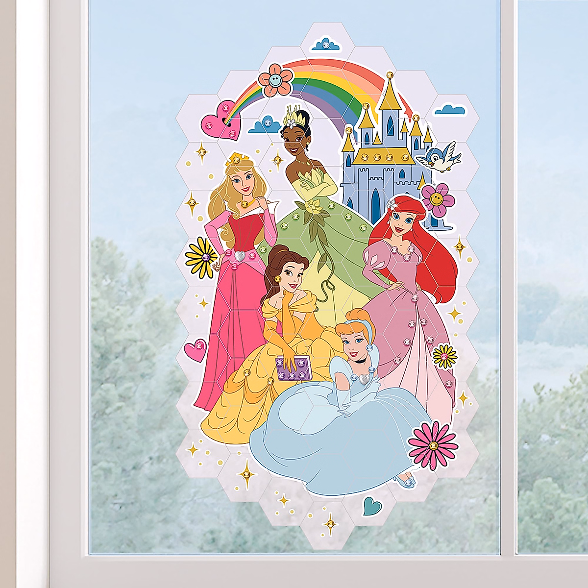 Make It Real Disney: Window Art Mosaic - Disney Princess - 70 pcs, Reusable Puzzle Window Clings, Creates a 9.5 x 16.5 Image, Kids Ages 6+