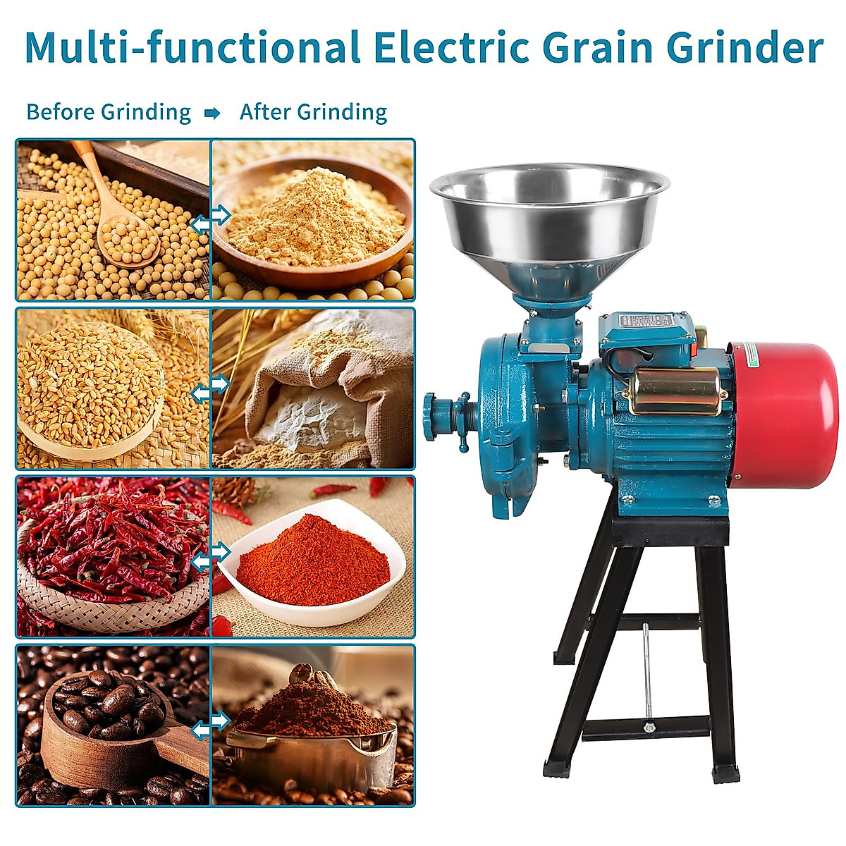 Snowtaros Electric Grain Mill Grinder 3000W 110V, Commercial Corn Grinder with Funnel, Dry Feed Grain Mill Machine, Thickness Adjustable, Powder Grinder for Grain Corn Rice Herbs Pepper (Dry Grinder)