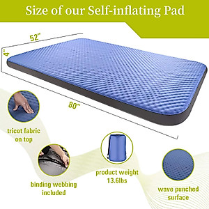 Royalgarden Self-Inflating Sleeping Pad, Air Foam Double Camping Pads, 80"×52"×4" Queen Size Camping Mattress, Memory Foam Pad with Solid Foam and Soft Touch, All Season, for Home, Car, Camping Blue