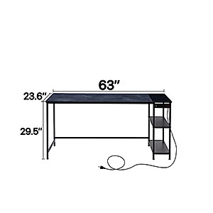YOLOXO Computer Home Office Desk with Power Strip Outlet, 63 Inch Small Desk Study Writing Table with Storage Shelves, Modern Simple PC Desk, Black/Seablue,Blue