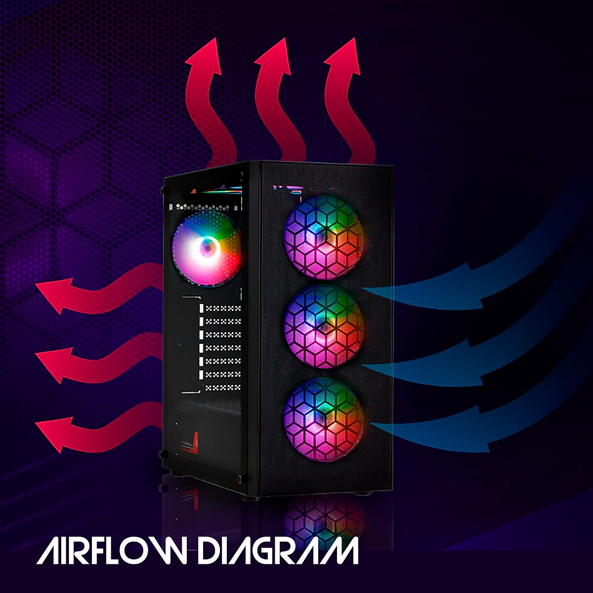 Raidmax X921 Mesh Airflow and Tempered Glass Gaming PC Case with Fans, Pre-Installed 6 Static RGB Color Fans, ATX Mid Tower PC Case, Black PC Case, Support ATX, Micro ATX, Water Cooling