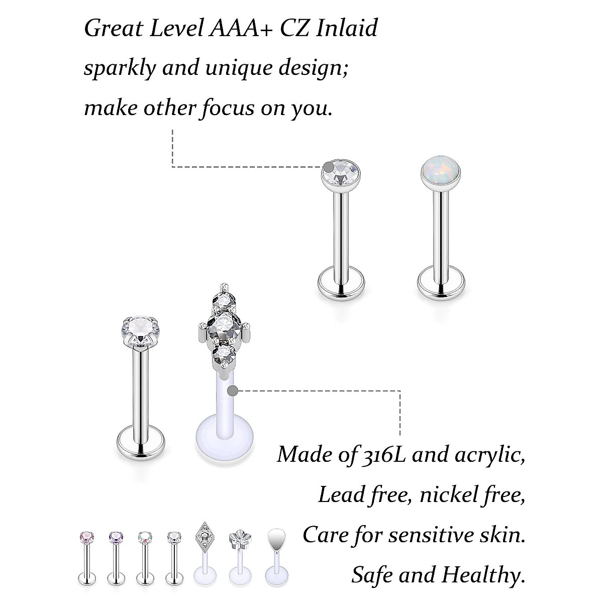 Vsnnsns 16G Lip Rings Stainless Steel Opal Labret Monroe Lip Rings Nail Cartilage Tragus Helix Earrings Studs Ring Medusa Piercing Jewelry Retainer For Women Men Silver 8mm 28PCS