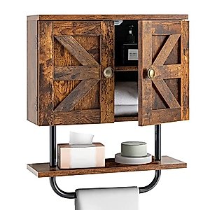 LOKO Bathroom Wall Cabinet, Space Saver Medicine Cabinet with 2 Doors, Storage Shelves & Towel Bar, Wall Mounted Towel Cabinet for Bathroom, Kitchen, Entryway (Rustic Brown)
