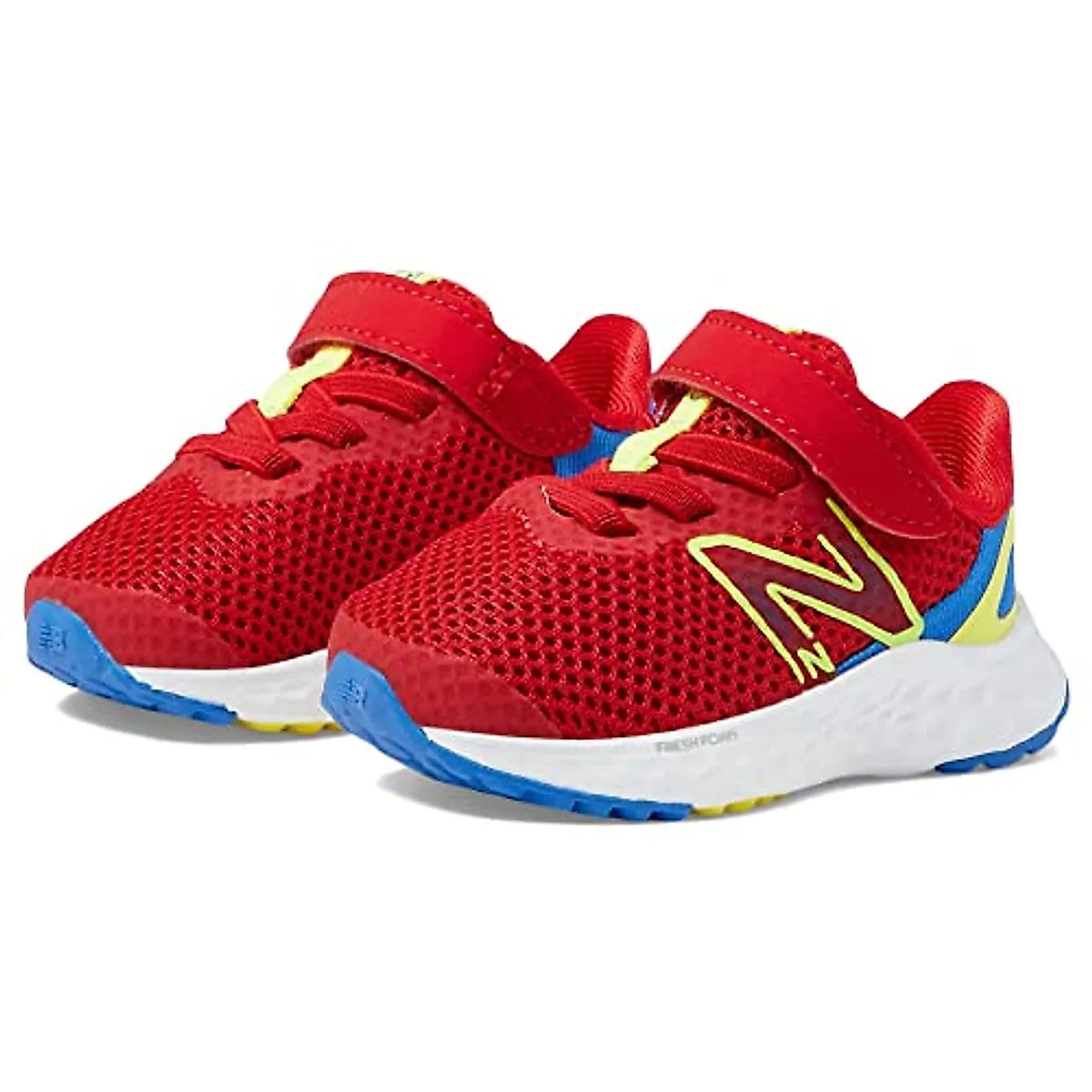 New Balance KIds Arishi Fresh Foam v4 Sneaker, TEAM RED/MARINE BLUE/COSMIC PINEAPPLE, 4.5 M Big Kid (8-12 Years)