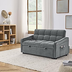 Upholstered Futon Loveseat Sofa Convertible to Sleeper Sofá Bed,Adjsutable Love Seat Chaise Lounge Couch Chair,Sofacama with Two Arm Pocket,Type C,USB Charging and Copper Nail for RV/Living Room