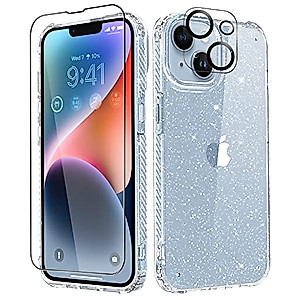 MIODIK for iPhone 14 Case with Screen Protector + Camera Lens Protector, [Non-Yellowing] Clear Glitter Phone Case, [Military-Grade Protective] Shockproof Women Cover for 6.1 Inch - Sparkle Clear
