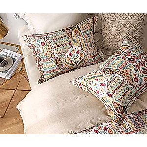 SLEEPBELLA Duvet Cover Queen Size, 600 Thread Count Cotton Beige & Dark Red Printed with Luxurious Botanical Pattern Boho Comforter Cover Sets, Bedding Set 3Pcs (Queen, Beige-Bohemian)