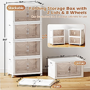 Foldable Storage Bins with Lids 76QT, Stackable Storage Containers with Wheels and Magnetic Doors, Plastic Clothes Closet Organizers and Storage Box for Room, Pantry, Home and Office (4 Pack)