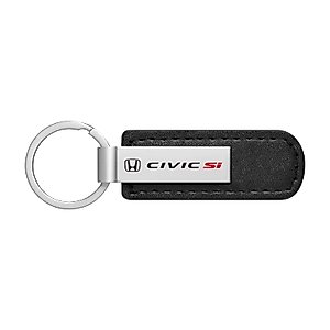 iPick Image for Honda Civic Si Silver Metal Plate Black PU Leather Strap Key Chain Keychain, Official Licensed