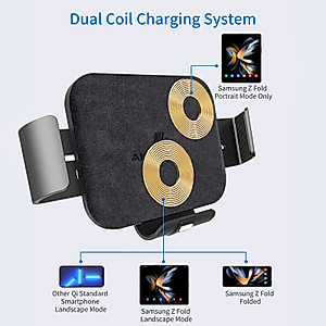 Akantra Alcantara 15W Dual Coil Qi Wireless Car Charger Mount Holder Compatible for Samsung Galaxy Z Fold5 Fold4 Fold3 Z Fold2 Fold S23 Ultra iPhone 15 Pro Max Auto Clamp Fast Car Charger