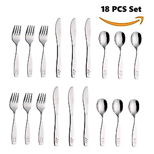 Exzact Exzact Children's Flatware Kids Silverware 18pcs/Toddler Utensils - 6 x Forks, 6 x Safe Dinner Knives, 6 x Dinner Spoons - Engraved Dog Cat Bunny