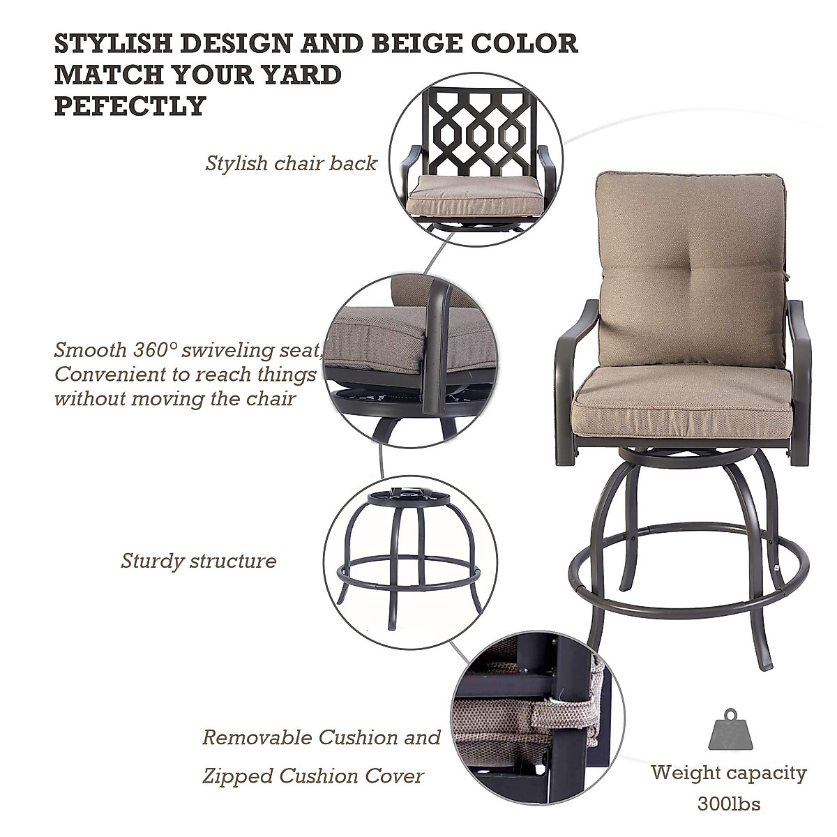 Kozyard Isabella High Swivel Bar Stools/Chair Set for Home Patio, Back Yard, Cafes, Bistro, Restaurants and Chic Bars (Beige)