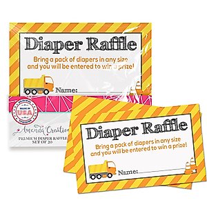 Amanda Creation Baby Under Construction Diaper Raffle Tickets for Baby Boy Showers, 20 2" X 3” Double Sided Insert Cards for Games, Bring a Pack of Diapers to Win Favors & Prizes!