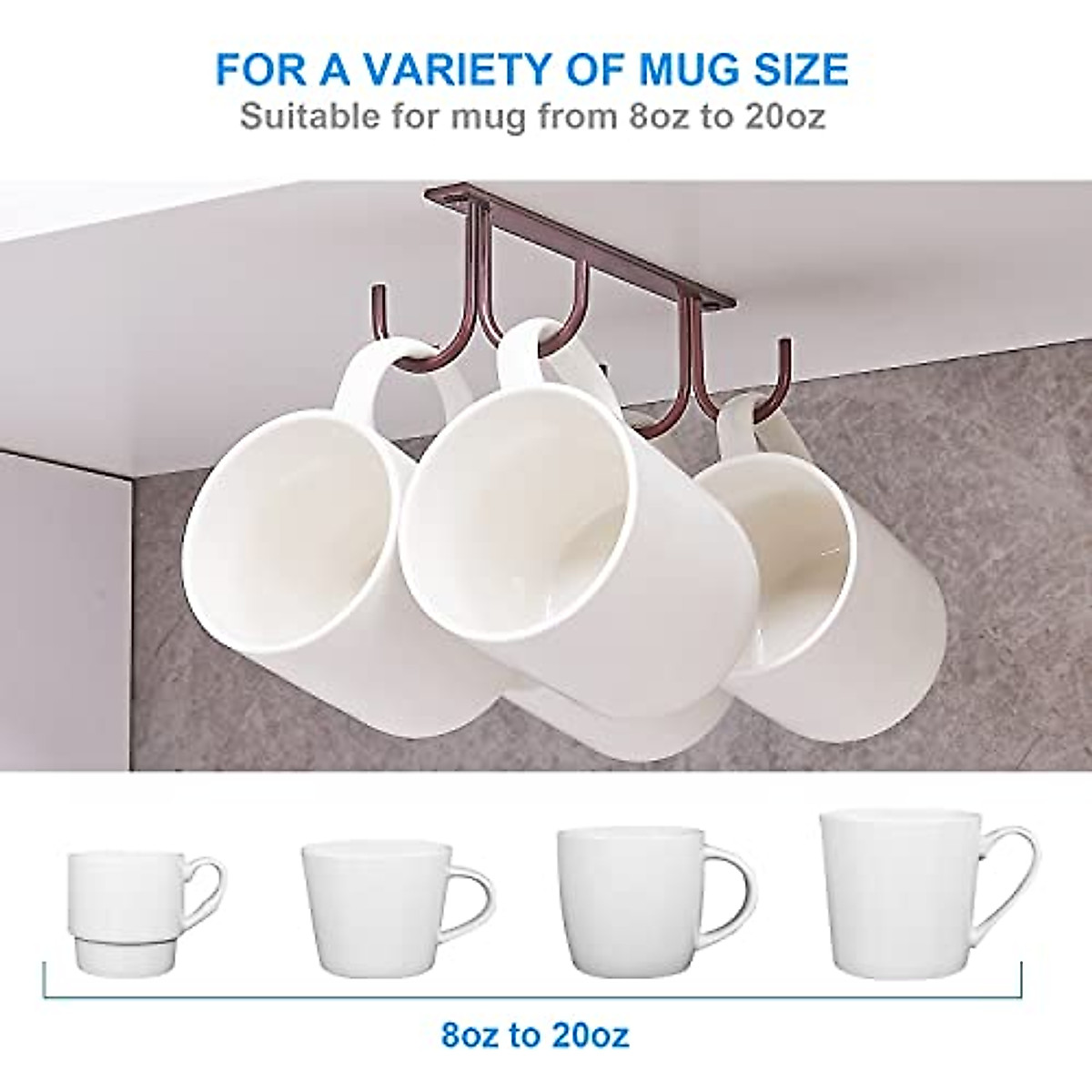 FOMANSH Mug Rack Under Cabinet - Coffee Cup Holder, 12 Mugs Hooks Under Shelf, Display Hanging Cups Drying Hook for Bar Kitchen Utensils Brown