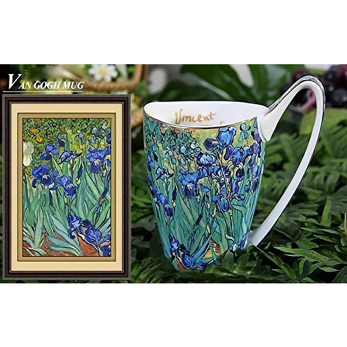 YBK Tech Bone China Coffee Mug, 16oz Large Tea Cup - Design Inspired by Van Gogh's Paintings (Iris flower)