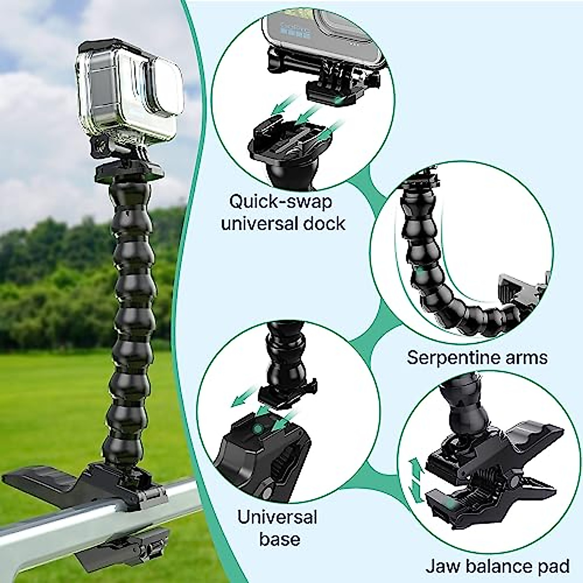 HONGDAK 8-in-1 Jaws Flex Clamp Mount with Adjustable Gooseneck (8 Sections) for GoPro Hero 11, 11Mini, 10, 9, 8, 7, 6, 5, 4, Session, 3+, 3, Max, Hero (2018), Fusion, DJI Osmo, Xiaomi Yi Action Camera