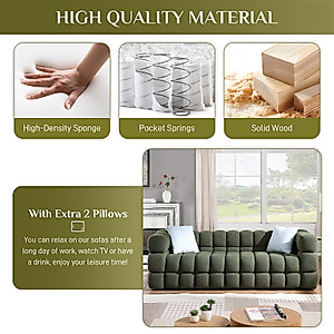 Wrofly Boucle Sofa Couch, 84.3" Comfy Upholstered Sherpa Deep Seat Cloud Couch, Cozy Modern Tufted 3 Seater Couch with 2 Pillows for Living Room Apartment Office, Olive Green