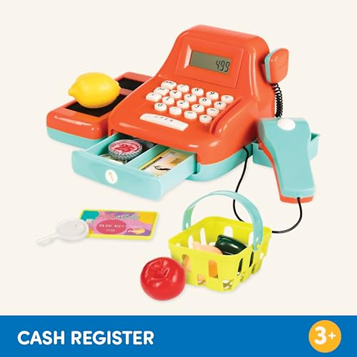 Battat - Interactive Kids Cash Register with Scanner & Sounds - 26-Piece Pretend Play Shopping Set with Light-Up Scanner, Play Money & Card - Educational Toy for Learning & Fun - Ages 3+