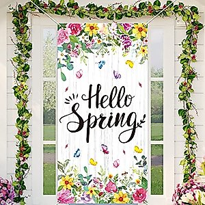 Hello Spring Welcome Door Cover for Spring Floral Party Decorations Colorful Spring Butterfly Backdrop Large Front Door Banner Background for Easter Home Baby Shower Wall Porch Indoor Outdoor Supplies