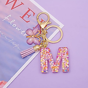 OKAICEN Fashion Snowflakes Alphabet Initial Letter Keychain Purple Tassel Butterfly Pendant Key Ring for Purse Handbags Women Girl ('M')
