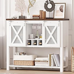 IDEALHOUSE Coffee Bar Cabinet, Sideboard Buffet Storage Cabinet with Storage, Farmhouse Wine Bar Cabinet with Wine Glass Rack, Liquor Cabinet Bar for Home, Kitchen, Dining, Living Room, White