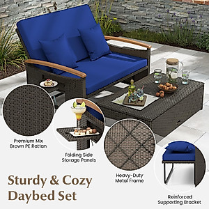 HAPPYGRILL Outdoor Wicker Sofa Daybed, Rattan Loveseat with Folding Panels & Storage Ottoman, 4-Level Adjustable Backrest, Cozy Cushions Included, Sun Lounger Daybed for Backyard Porch, (Navy)