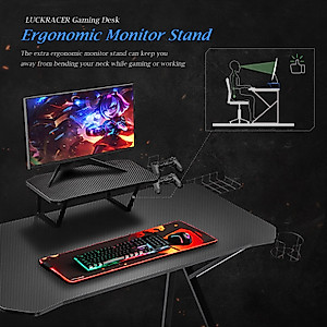 LUCKRACER Gaming Desk,39 Inch Gaming Table,K Shaped Computer Desk with Monitor Stand,Home Office Desk with Hook,CD/Gamepad Holder,Cup Holder and Speaker Holders Blue