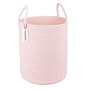 XUANGUO Cotton Rope Laundry Basket Hamper for Girls Kids Baby Nursery Hamper Bin Woven Storage Basket for Living Room Girls room Boho Tall Rope Baskets for Blanket Toys Large light pink