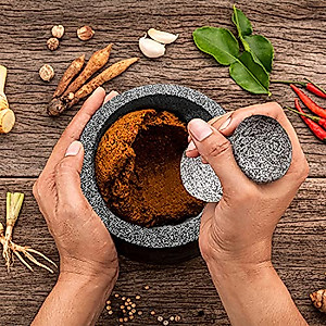 Granite Mortar and Pestle Set Guacamole Bowl Molcajete 8 Inch - Natural Stone Grinder for Spices, Seasonings, Pastes, Pestos and Guacamole - Extra Bonus Avocado Tool Included