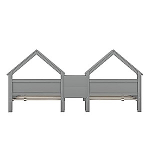 Twin Size Double Shared Platform Bed 2-In-1 Panel Bed w/House Shape Headboard & Footboard for Teen,Rustic Country Wooden Bedframe Mattress Foundation w/Built-in Nightstand & Slats for Boy Girl (Grey)