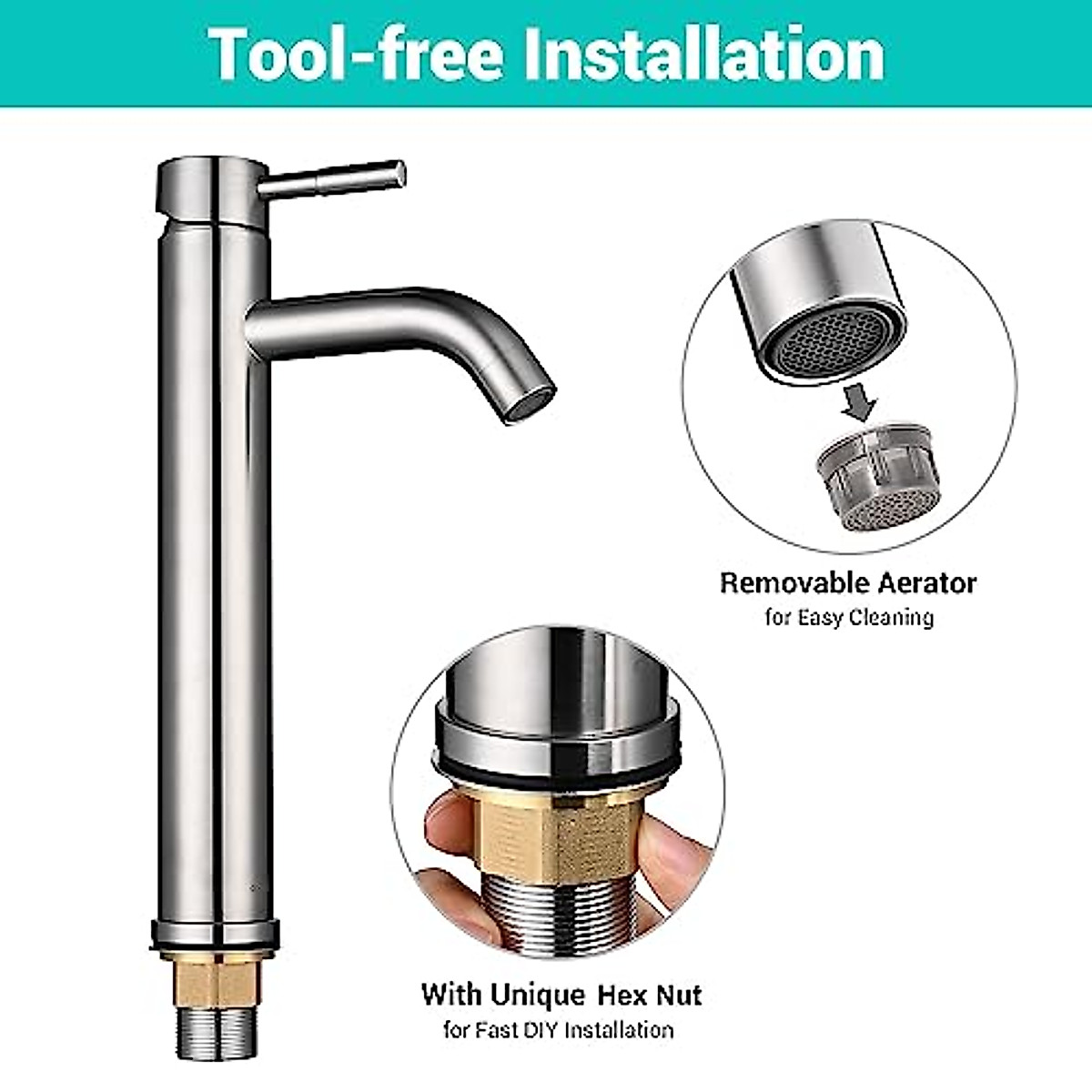 Aquaterior Single Handle Vessel Sink Faucet 12 inch Tall Bathroom Sink Faucet Hot and Cold Water Mixer Stainless Steel Single Hole Faucet Brushed Nickel (CUPC NSF CEC)