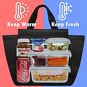 OPUX Lunch Bag for Women, Insulated Lunch Box Tote for Girls Kids Adult School Work, Reusable Womens Lunch Tote for Office Travel, Cute Small Lunch Tote, Fits 12 Cans - Black