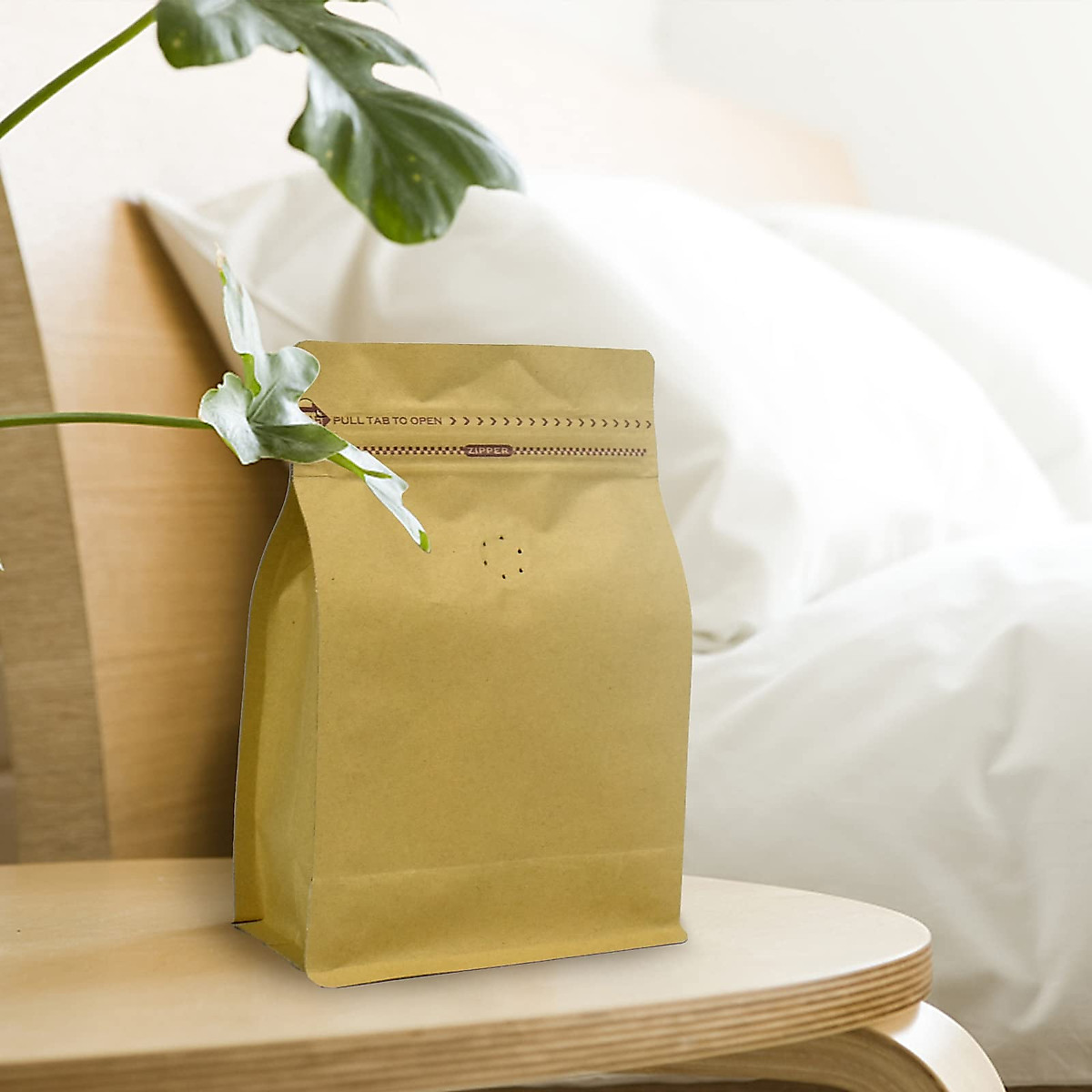 Stand Up Coffee Bags, Natural Kraft Paper Heat Sealed Flat Bottom Coffee Pouches with Degassing Valve and Reusable Side Zipper(50 Pcs, 8 oz, 0.5 LB)