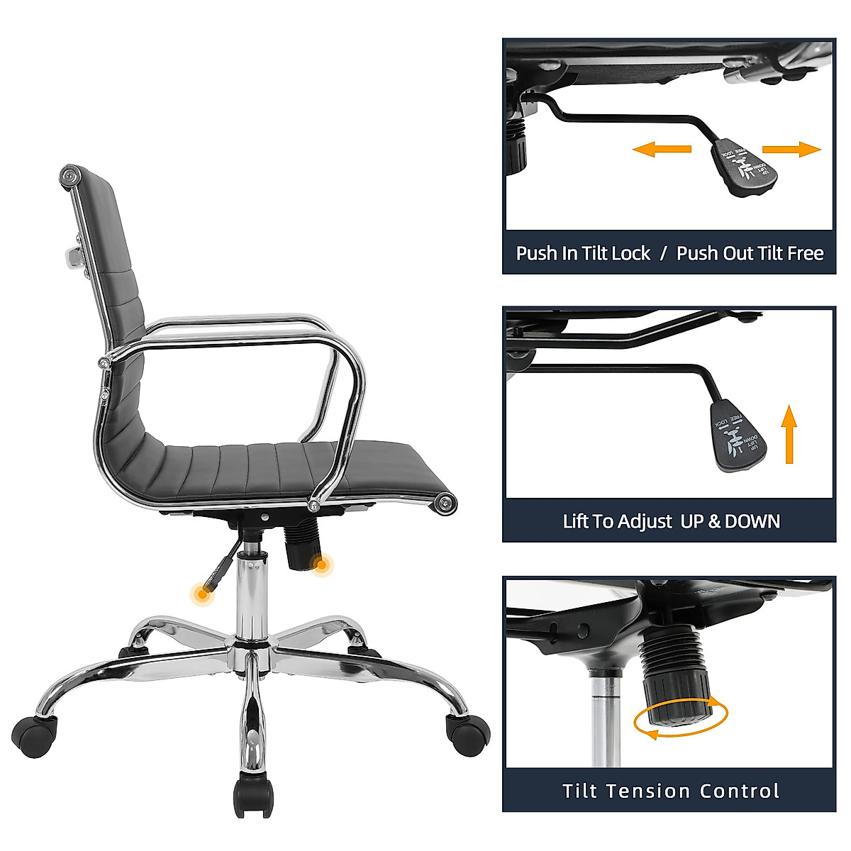 LANDSUN Home Office Chair Mid Back PU Leather Ribbed Swivel Tilt Adjustable Computer Desk Chair with Armrest Executive Conference Black