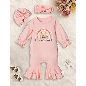 AGAPENG Baby Girl Clothes Newborn Girl Clothes hi I'm new here Romper Ruffle Rainbow Onesie Flare Bell Bottom Jumpsuit Fall Winter Outfits Newborn Girl Outfits Pink with Headband Hat