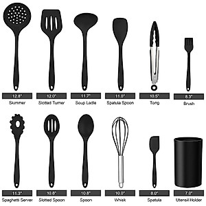LIANYU 12-Piece Black Silicone Kitchen Cooking Utensils Set with Holder, Kitchen Tools Include Slotted Spatula Spoon Turner Ladle Tong Whisk, Dishwasher Safe