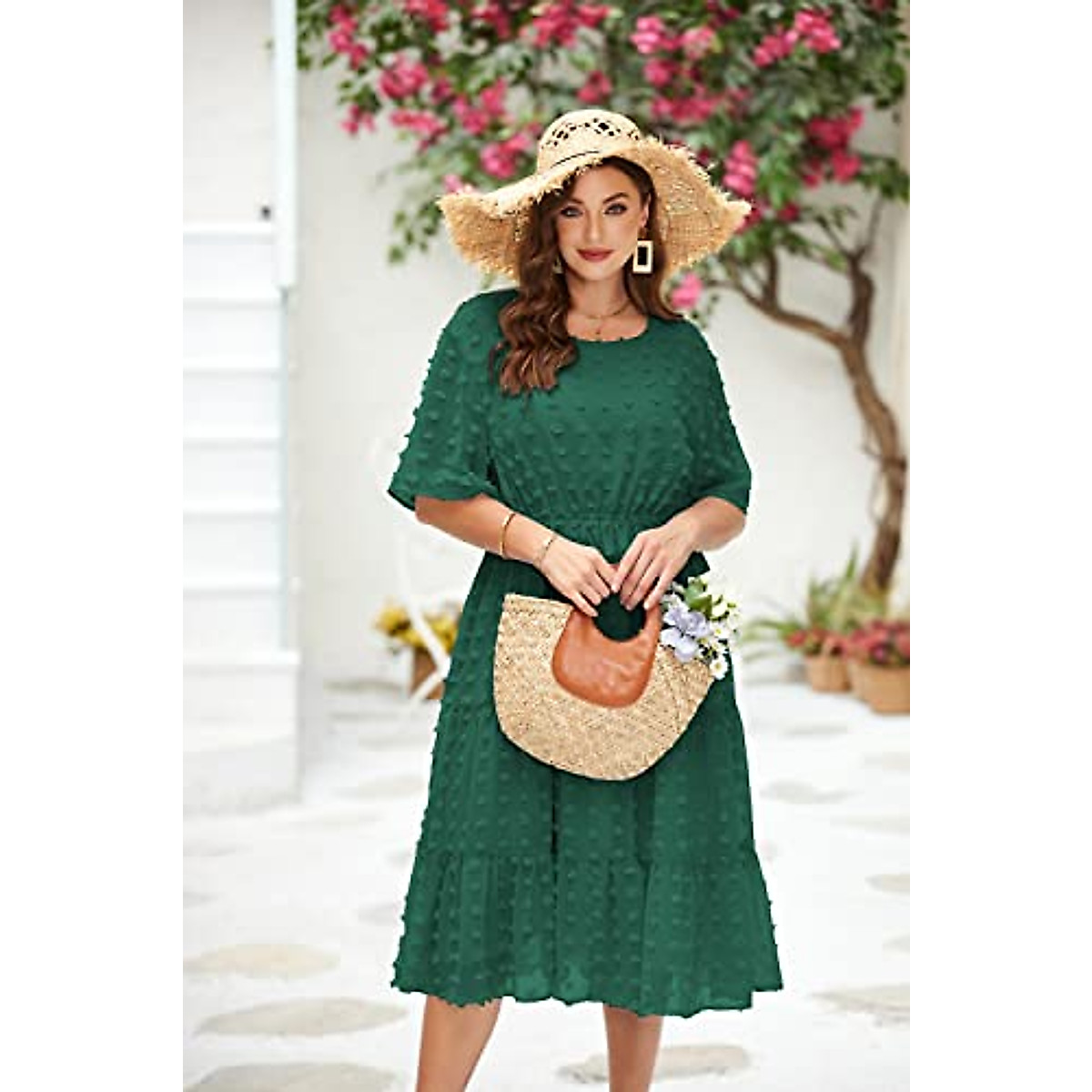 IN'VOLAND Womens Chiffon Elegant Plus Size Dresses Swiss Dot Babydoll Short Sleeve Party Midi Dress Dark Green
