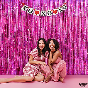 KatchOn, Iridescent Hot Pink Backdrop Curtain - Large 3.2x8 Feet, Pack of 2 | Pink Backdrop Fringe Curtain for Pink Birthday Decorations | Hot Pink Foil Fringe Curtain for Pink Party Decorations