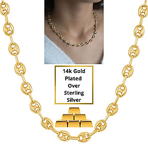 Coffee Bean Necklace Puffed Mariner Anchor Chain Link Necklace Gold | 14k Gold Plated and Silver | Chain Link Necklaces for Women (6mm- 18 inch)