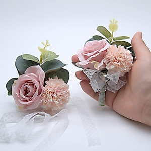 ETERNAL ANGEL Boutonniere and Corsage Wristlet Bracelet Set with Pink Artificial Rose Eucalyptus Leaves for Groom Bride Groomsmen Bridesmaids Best Men at Wedding Party Prom