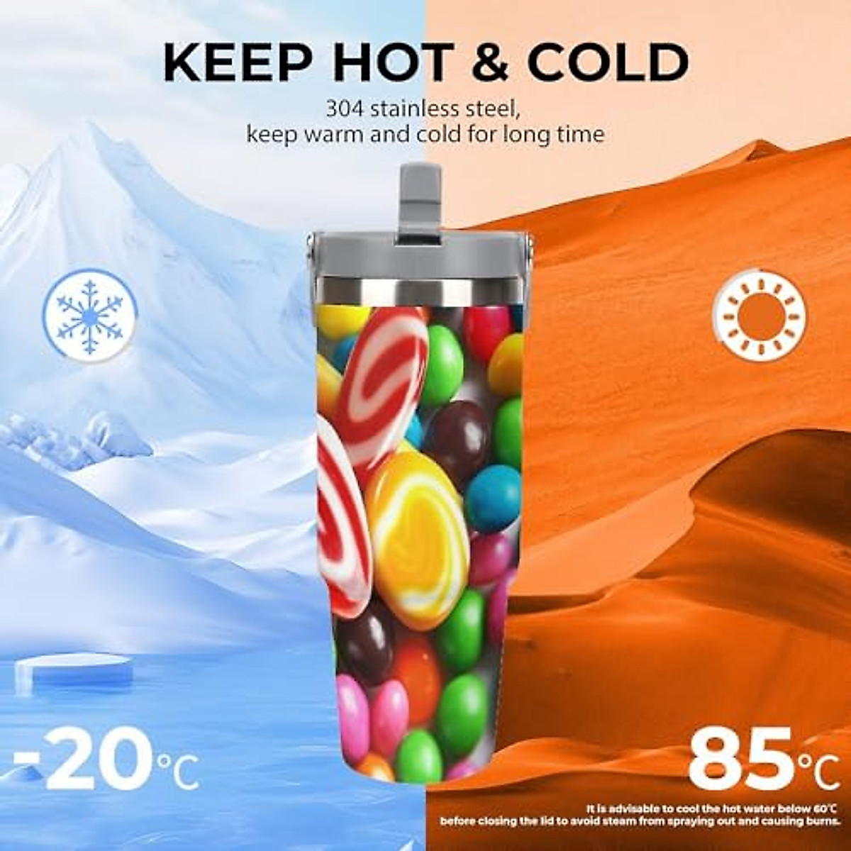 30oz Stainless Steel Insulated Tumbler with Flip Lid & Straw, Leakproof Travel Mug for Car, Colorful Candy Double Wall Vacuum Thermal Coffee Cup with Handle, Spill-Proof Design for Hot/Cold Drinks