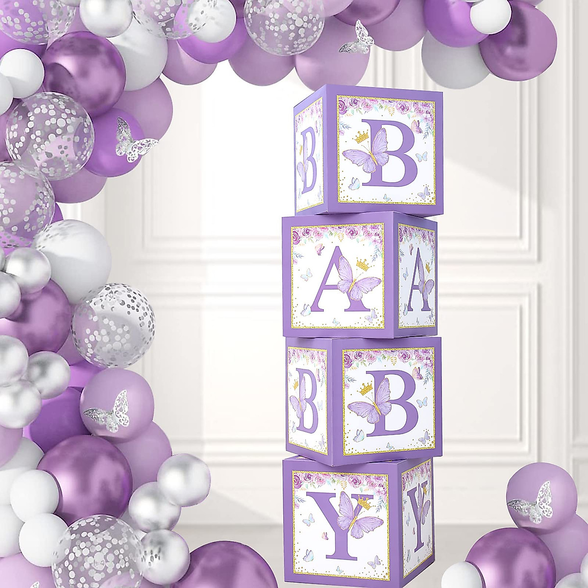 DataMoon Purple Butterfly Baby Shower Boxes Decorations - 4 Purple Balloons Boxes with BABY Letter, Printed Letters,First Birthday Centerpiece Decor, Baby Blocks for Girl, Gender Reveal Backdrop
