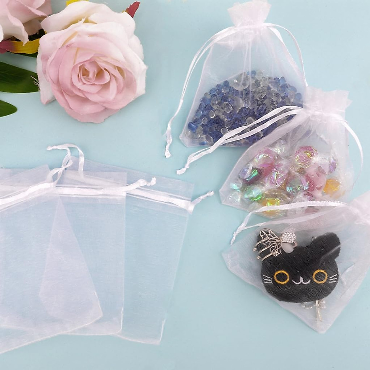 Organza Bags, 50 Pcs White Organza Bags, Small Mesh Bags Drawstring, Jewelry Bags Drawstring, Mesh Gift Bags, Sachet Bags Empty, Wedding Favor Bags for Baptism Party Favor Christmas Baby Shower(4x4.7)