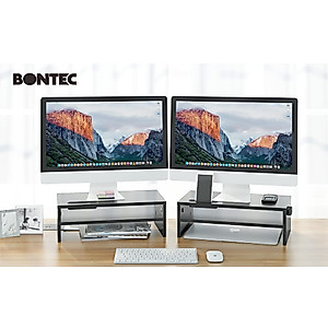 Monitor Stand Riser, 2 Tiers Wood Monitor Riser Stand with Storage Organizer, Desktop Ergonomic Monitor Stand Riser with Cellphone Holder and Cable Management, 16.5 Inch Shelf Black