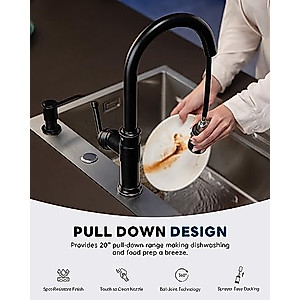 Antique Oil Rubbed Bronze Kitchen Sink Faucet with Soap Dispenser, DAYONE Pull Down Farmhouse Faucet for Sink with 3 Mode Sprayer, Single Handle High Arc, DAY-APS136-ORB
