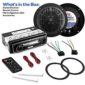 Pyle Bluetooth Marine Receiver Stereo & Speaker Kit 300W Single DIN Boat Marine Head Unit l LCD, Mic, Hands-Free Calling, AUX, MP3/USB/SD, AM/FM Radio, Remote - PLMRK47BK (Black)