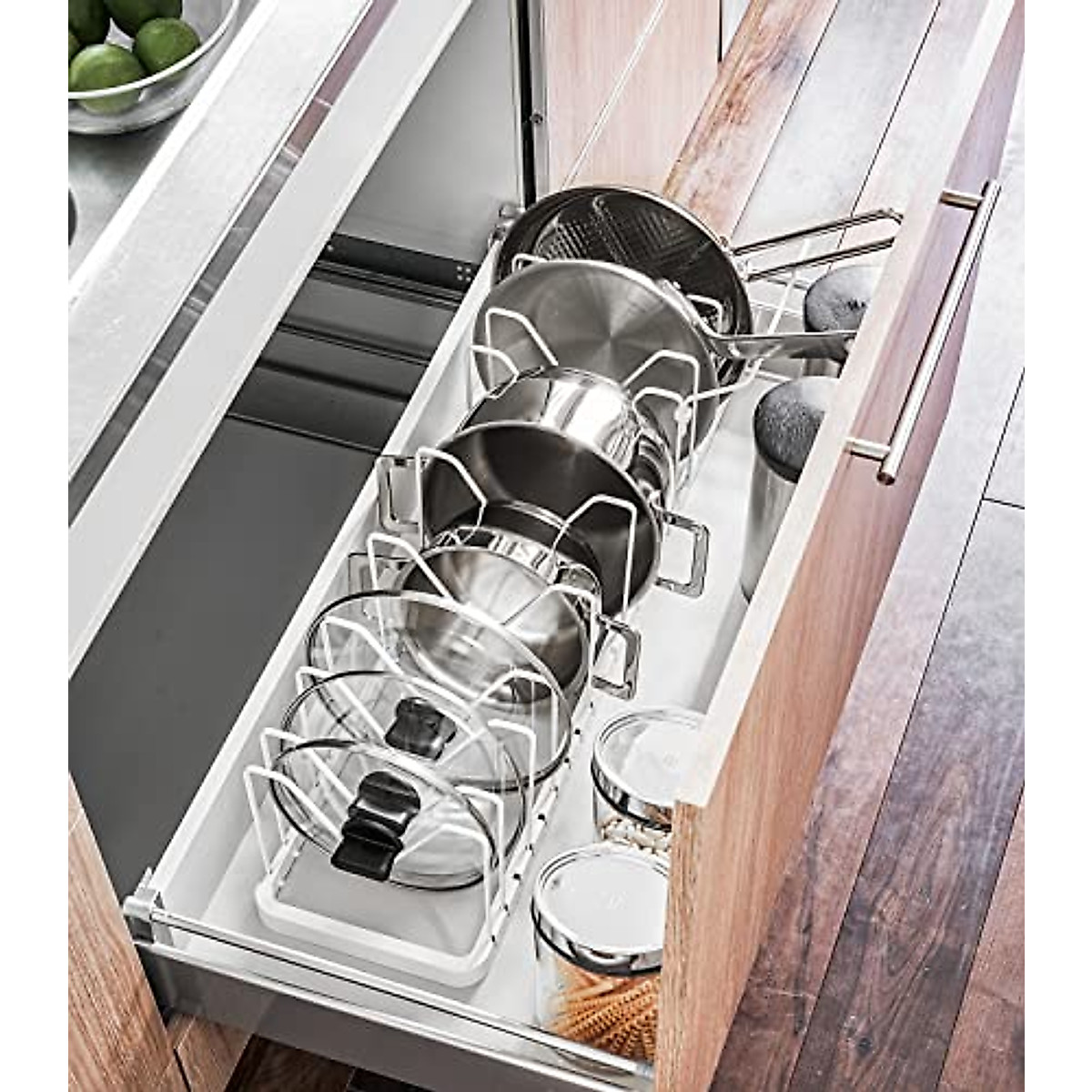 YAMAZAKI home 3840 Adjustable Lid & Pan Organizer-Kitchen Drawer Storage Shelf Rack, One Size, White