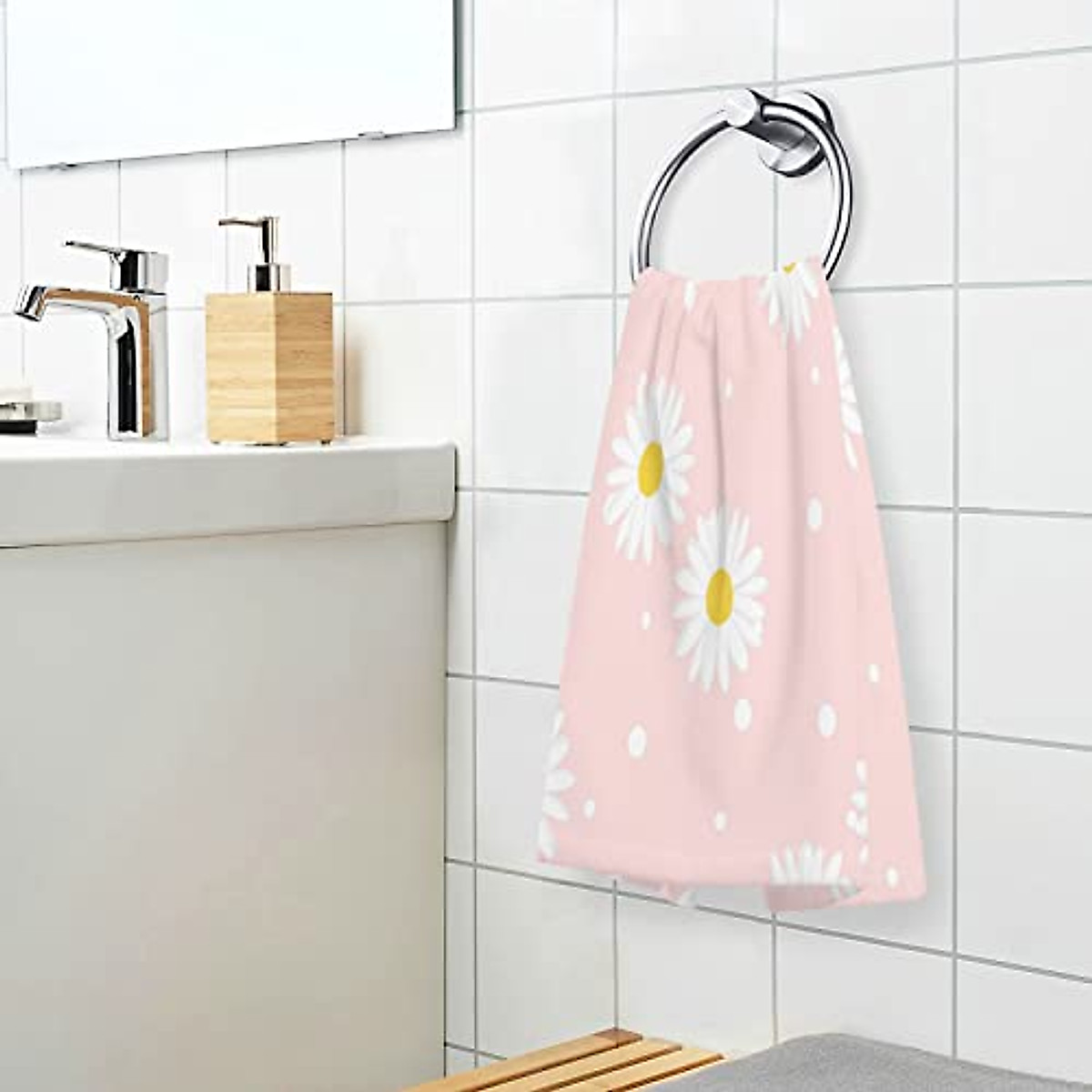 Pink Daisy Hand Towels Set of 2, Highly Absorbent Soft Cotton Face Towels Bathroom Decorative Towel for Beach Gym Spa Shower, 16x28In