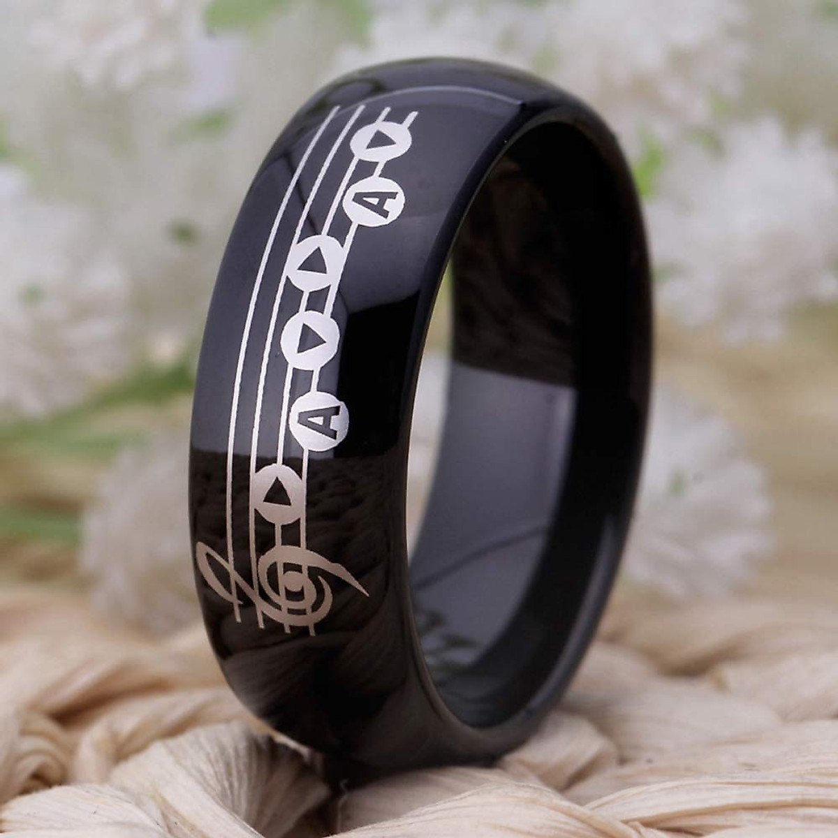 Tungsten Wedding Ring 8mm Width Black/Blue/Silver Dome Legend of Zelda Song Ring Storms & Triforce Design Ring Music Ring- FREE Inside Engraving (Black, 7)