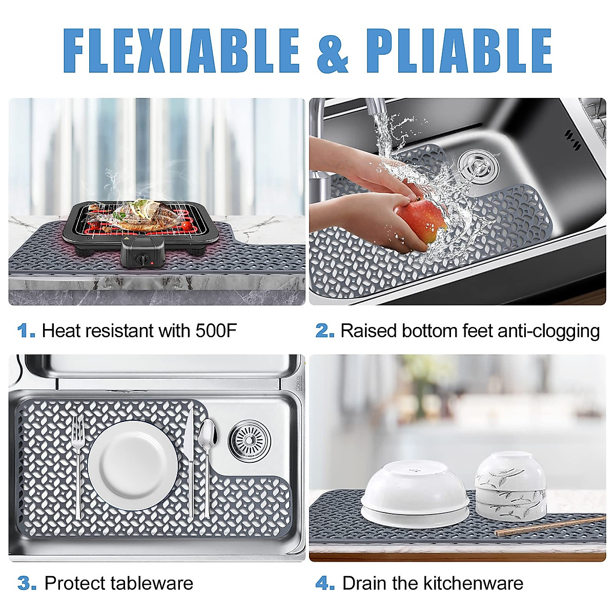 JUSTOGO Silicone Sink Mat, Left & Right Drain Sink Protectors for Kitchen Sink Grid Accessory, 1 PCS Non-slip Sink Mats for Bottom of Kitchen Farmhouse Stainless Steel Porcelain Sink (28.2''x 14.2'')